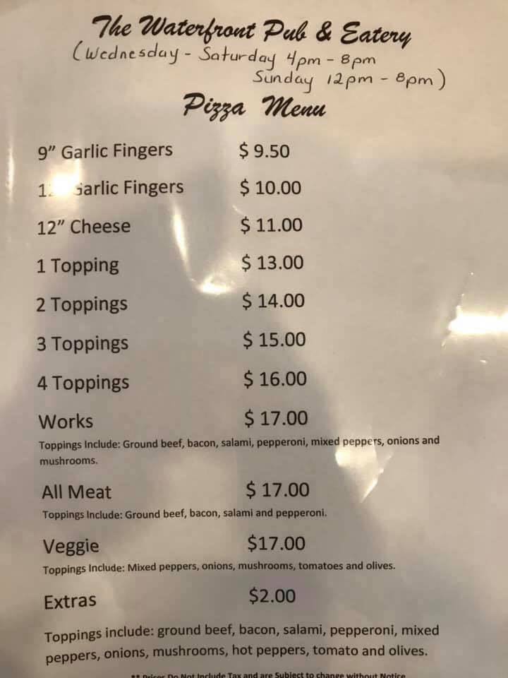 Menu at The Waterfront Pub, Nackawic