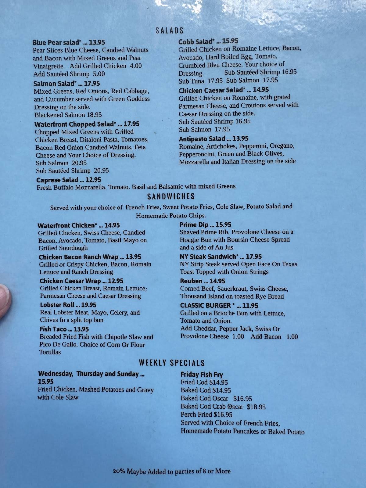 Menu at The Waterfront on Brown's Lake pizzeria, Burlington, Weiler Rd