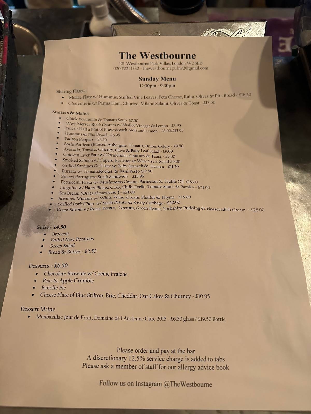 Menu at The Westbourne pub & bar, London, 101 Westbourne Park Villas