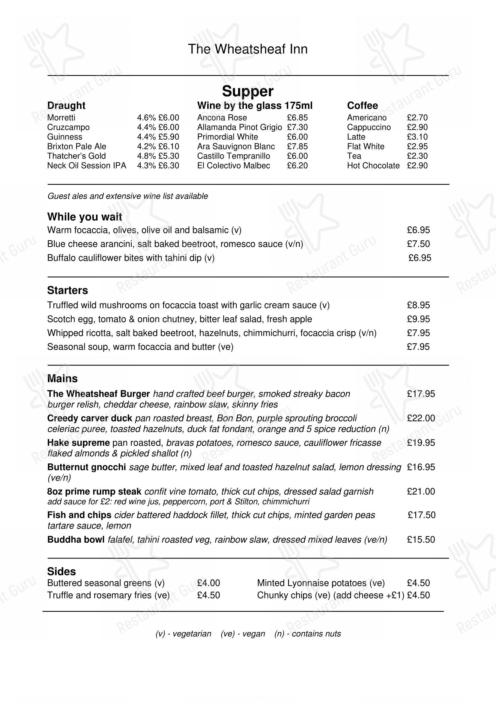 Menu at The Wheatsheaf Inn at Oaksey pub & bar, Oaksey