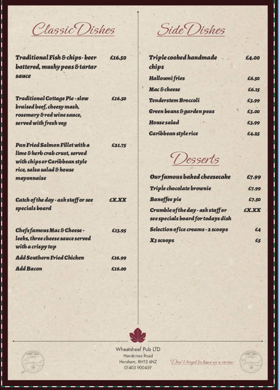 Menu at The Wheatsheaf Pub Handcross, Plummers Plain, Handcross Rd