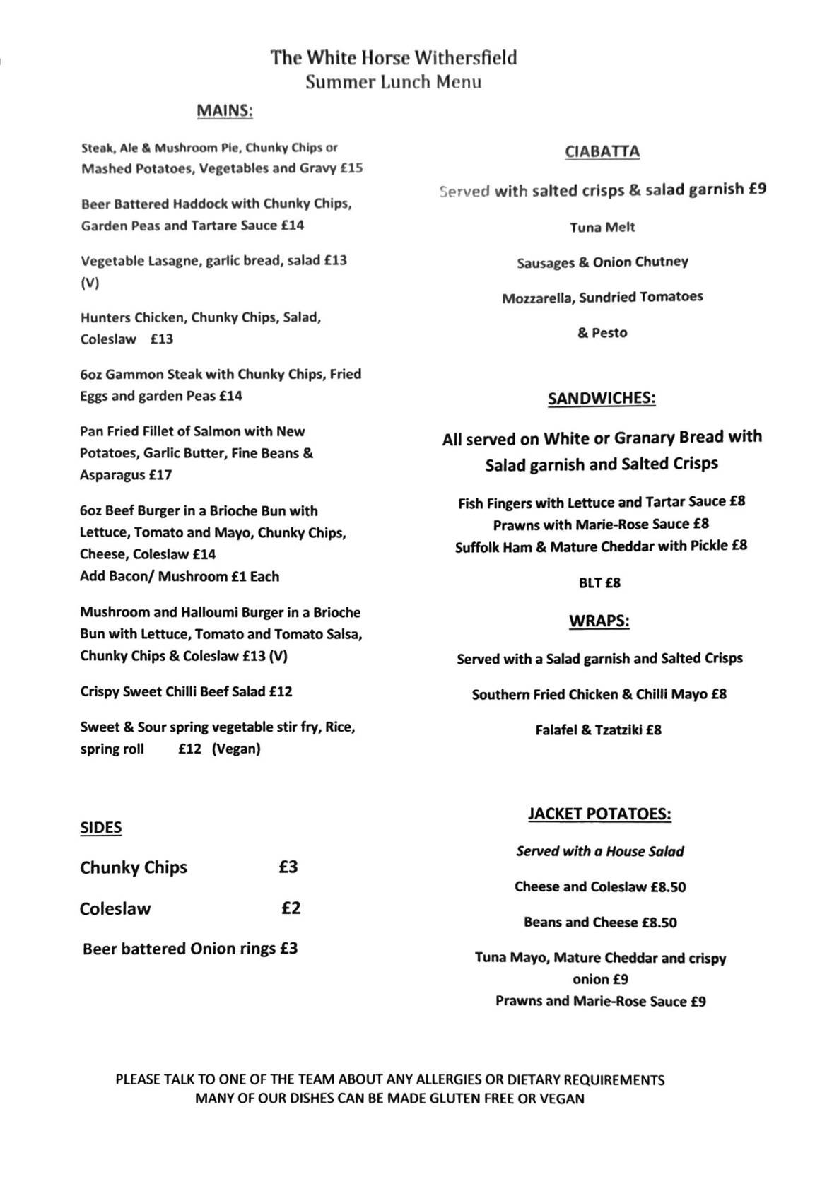 Menu at White Horse Inn pub & bar, Withersfield