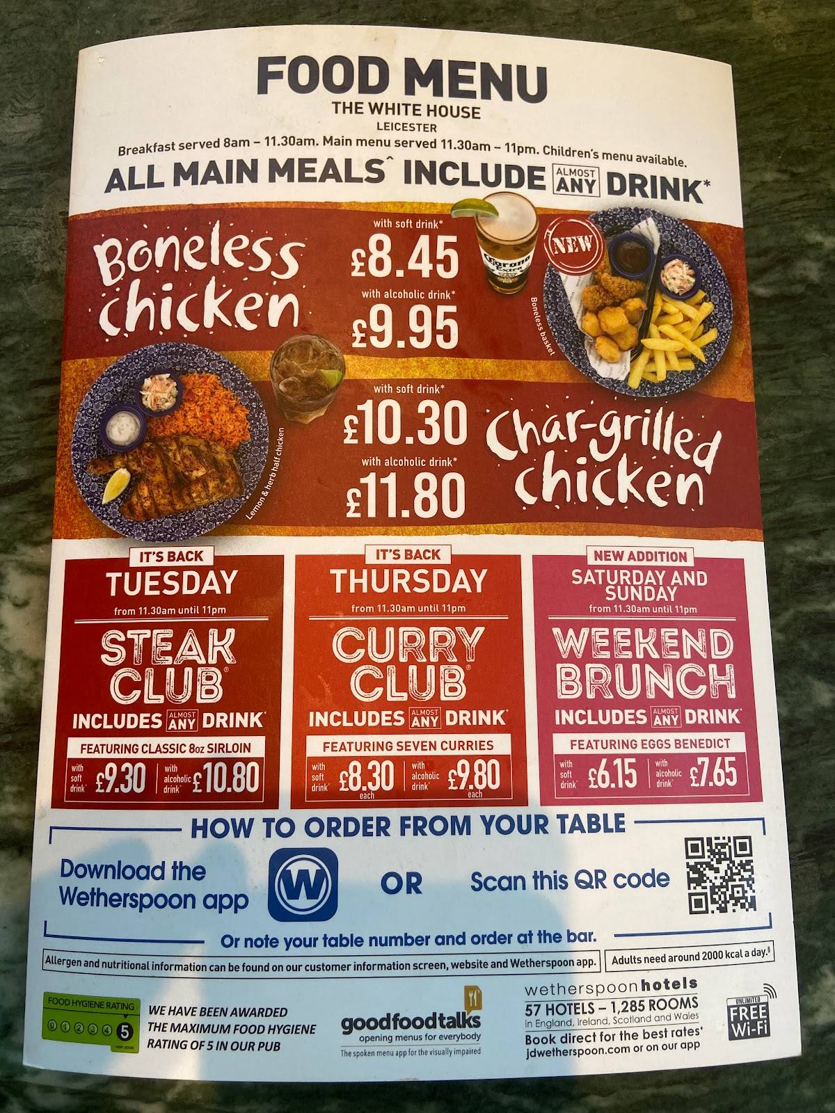 Menu at The White House - JD Wetherspoon pub & bar, Leicester