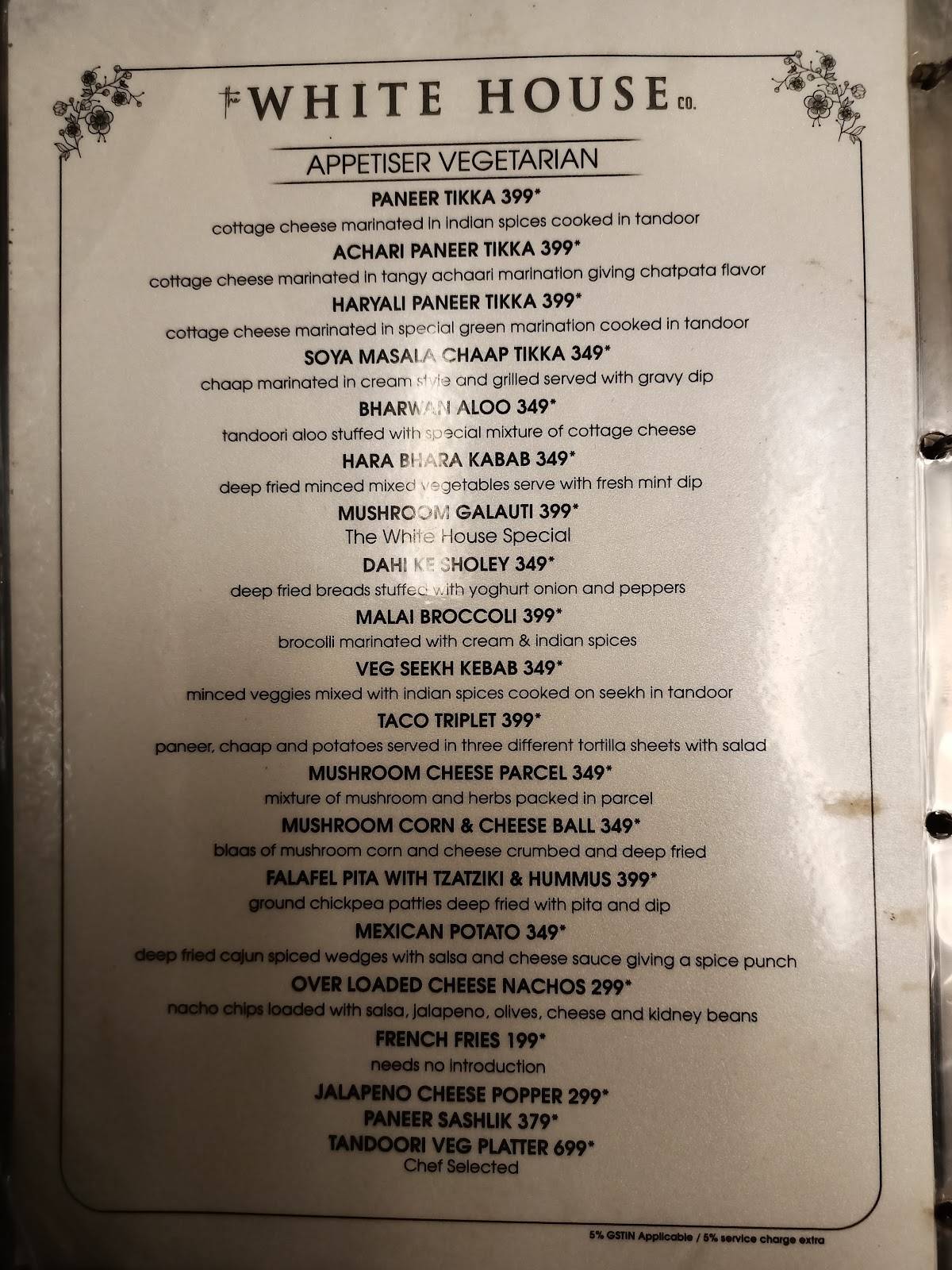 Menu at The White House co., Meerut