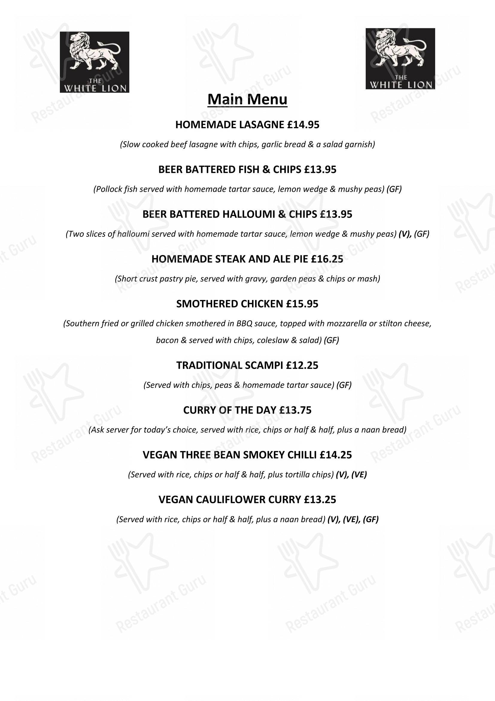 Menu at The White Lion pub & bar, Crewe, 35 Warmingham Rd