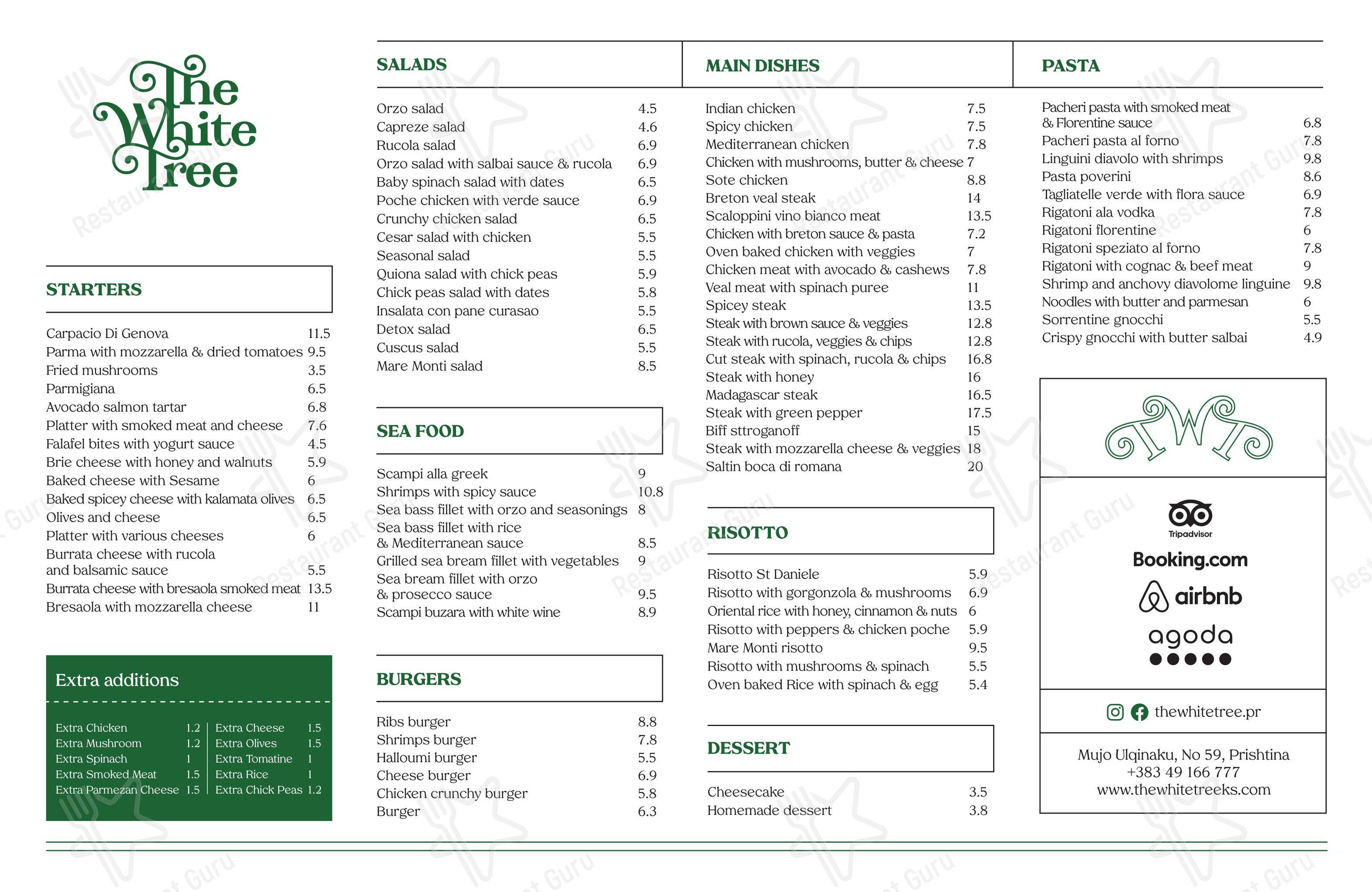 Menu at The White Tree restaurant, Prishtina