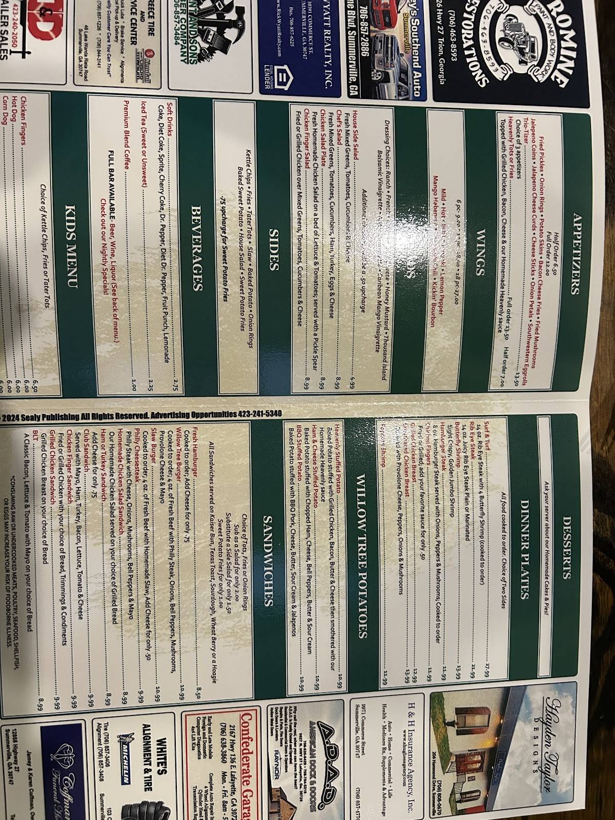 Menu at The Willow Tree Grill restaurant, Summerville