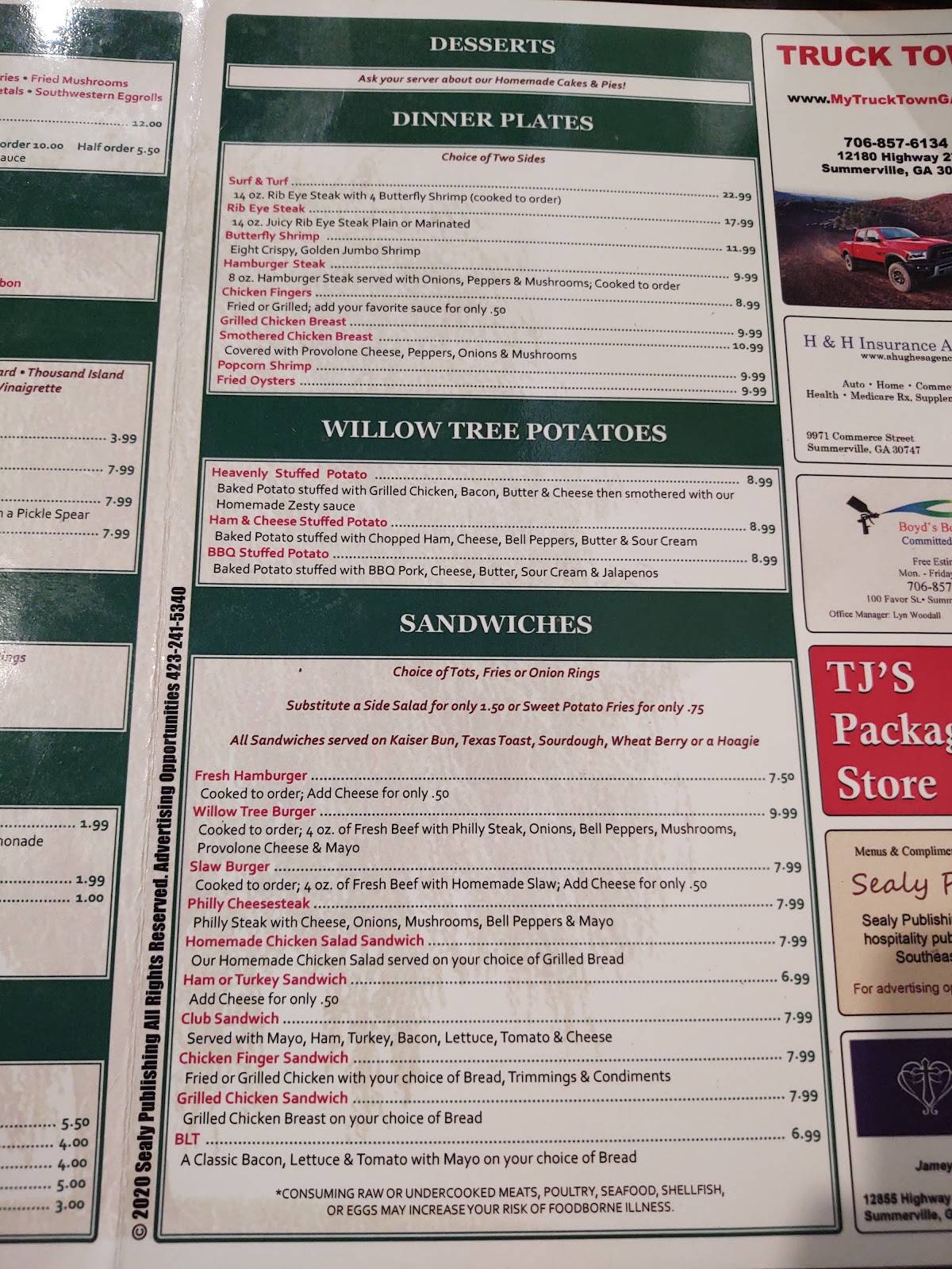 Menu at The Willow Tree Grill restaurant, Summerville