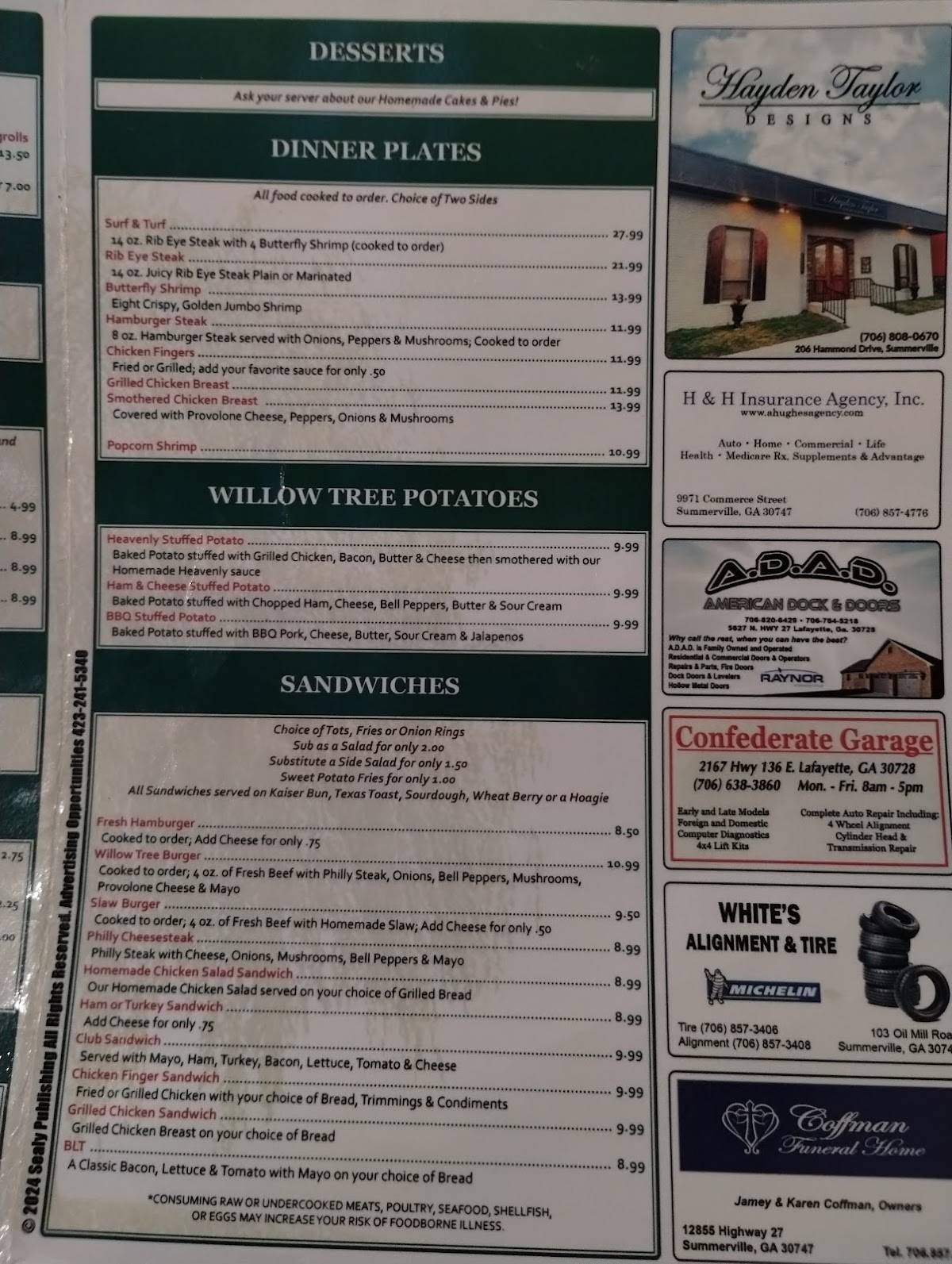 Menu at The Willow Tree Grill restaurant, Summerville