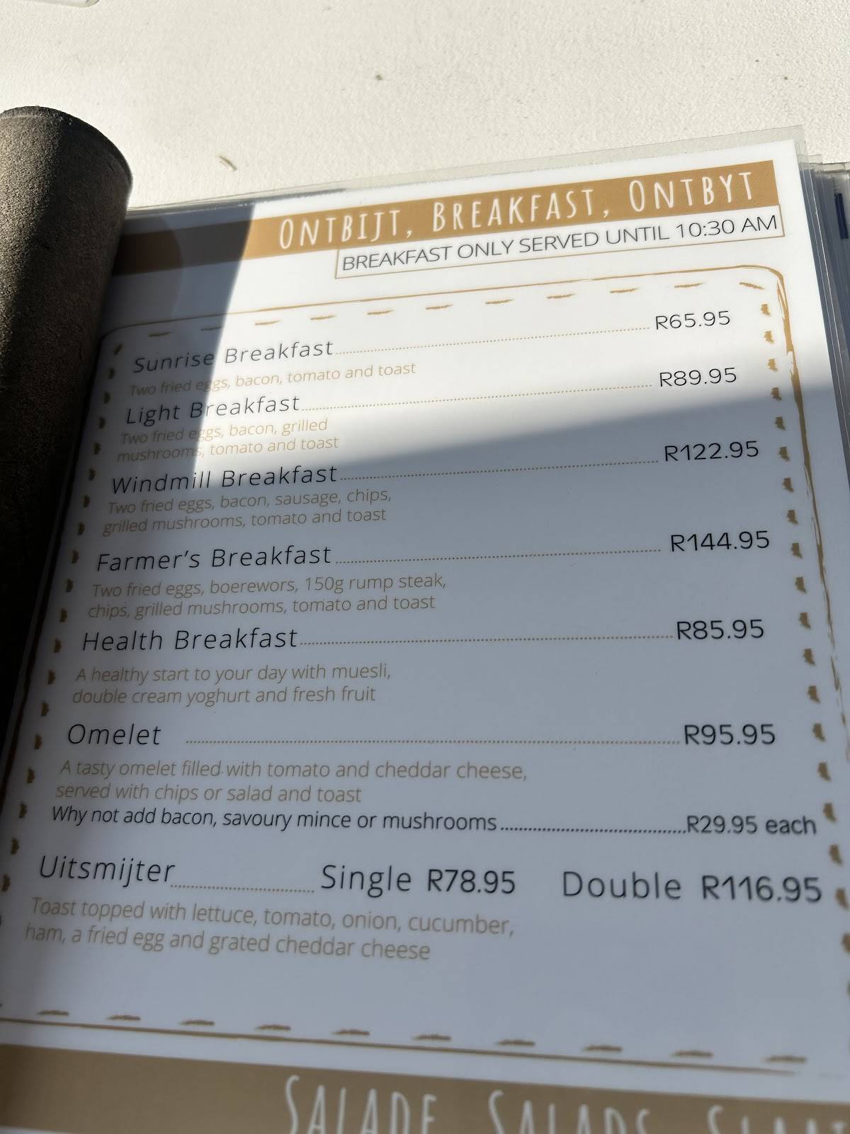 Menu at The Windmill Restaurant, Hartbeespoort