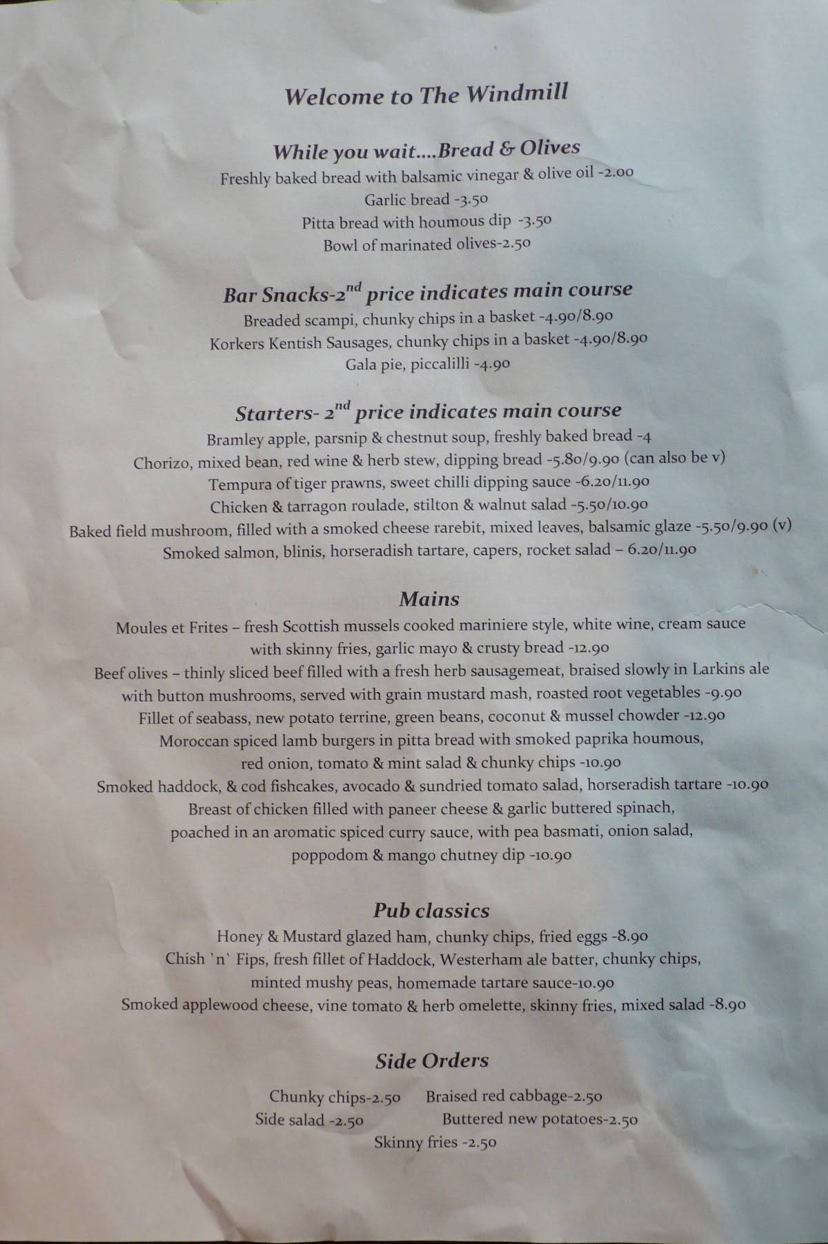 Menu at The Windmill pub & bar, Sevenoaks