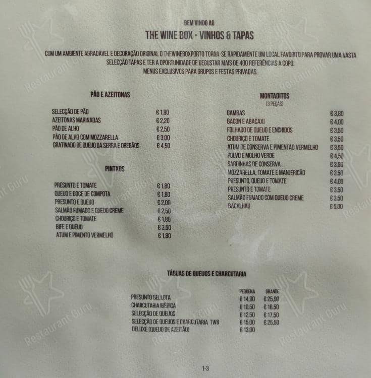 Menu at The Wine Box Porto restaurant, Porto, R. dos Mercadores 72 - 74