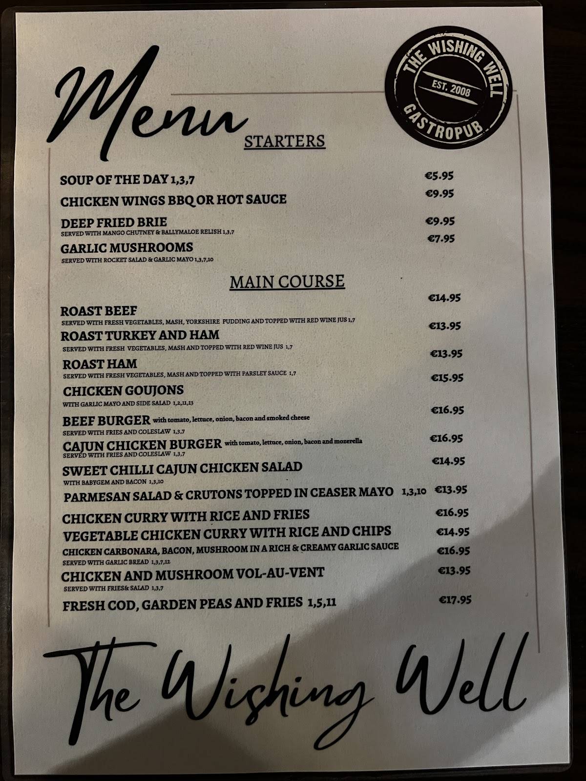 Menu at The Wishing Well - Bar and restaurant, Kingscourt, Main St