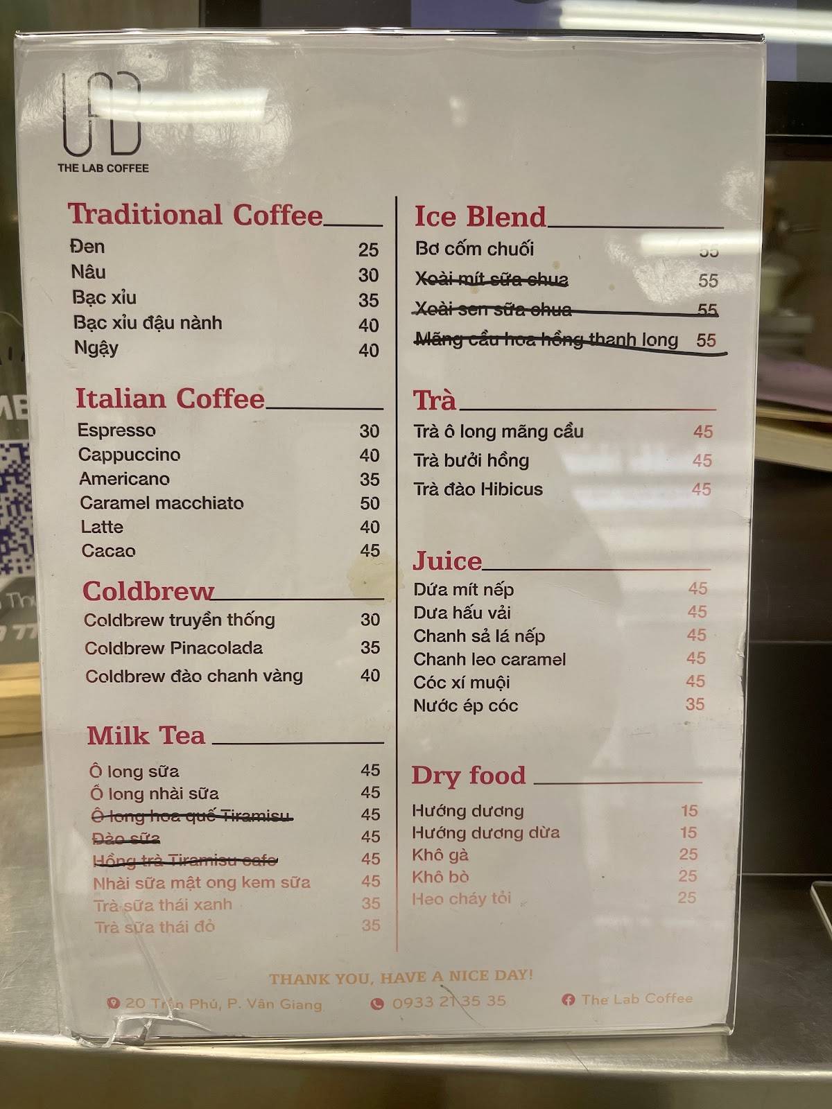 Menu at The lab coffee, Ninh Binh