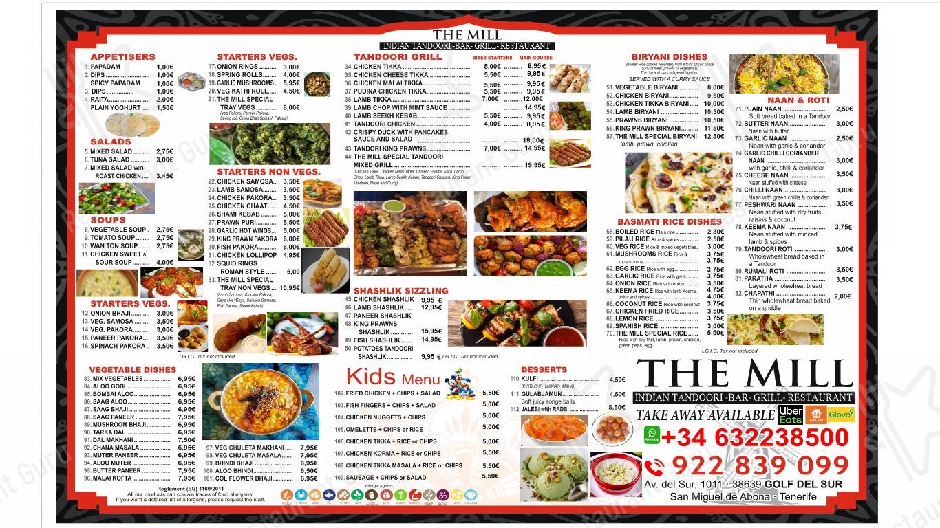 Menu at The mill indian tandoori restaurant, Oasis del Sur