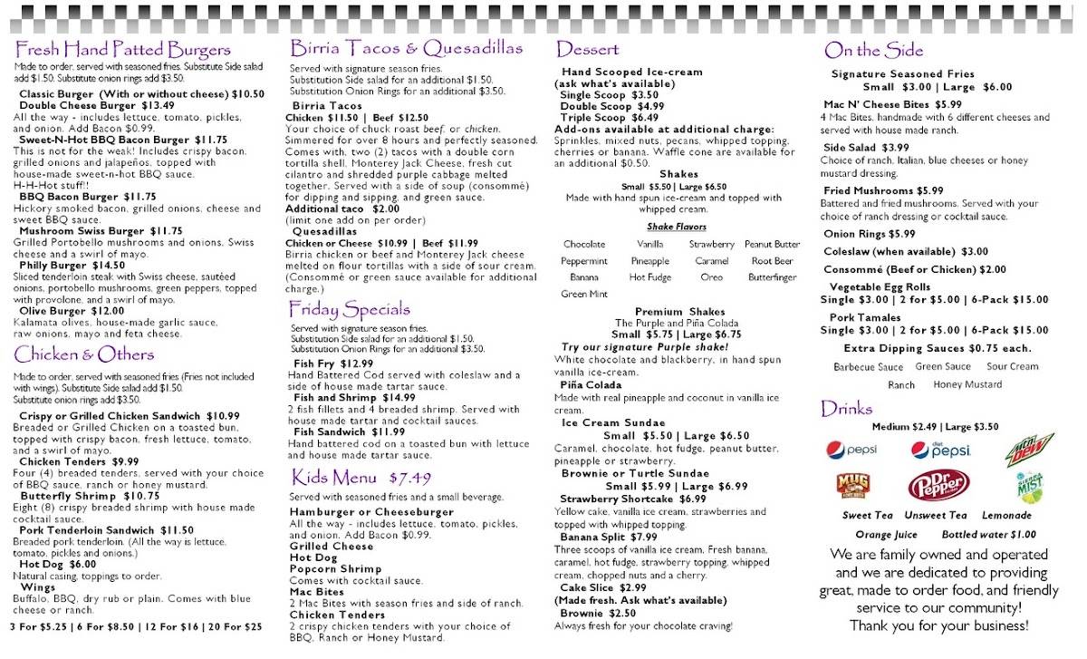 Menu at The purple pit stop restaurant, Polk City