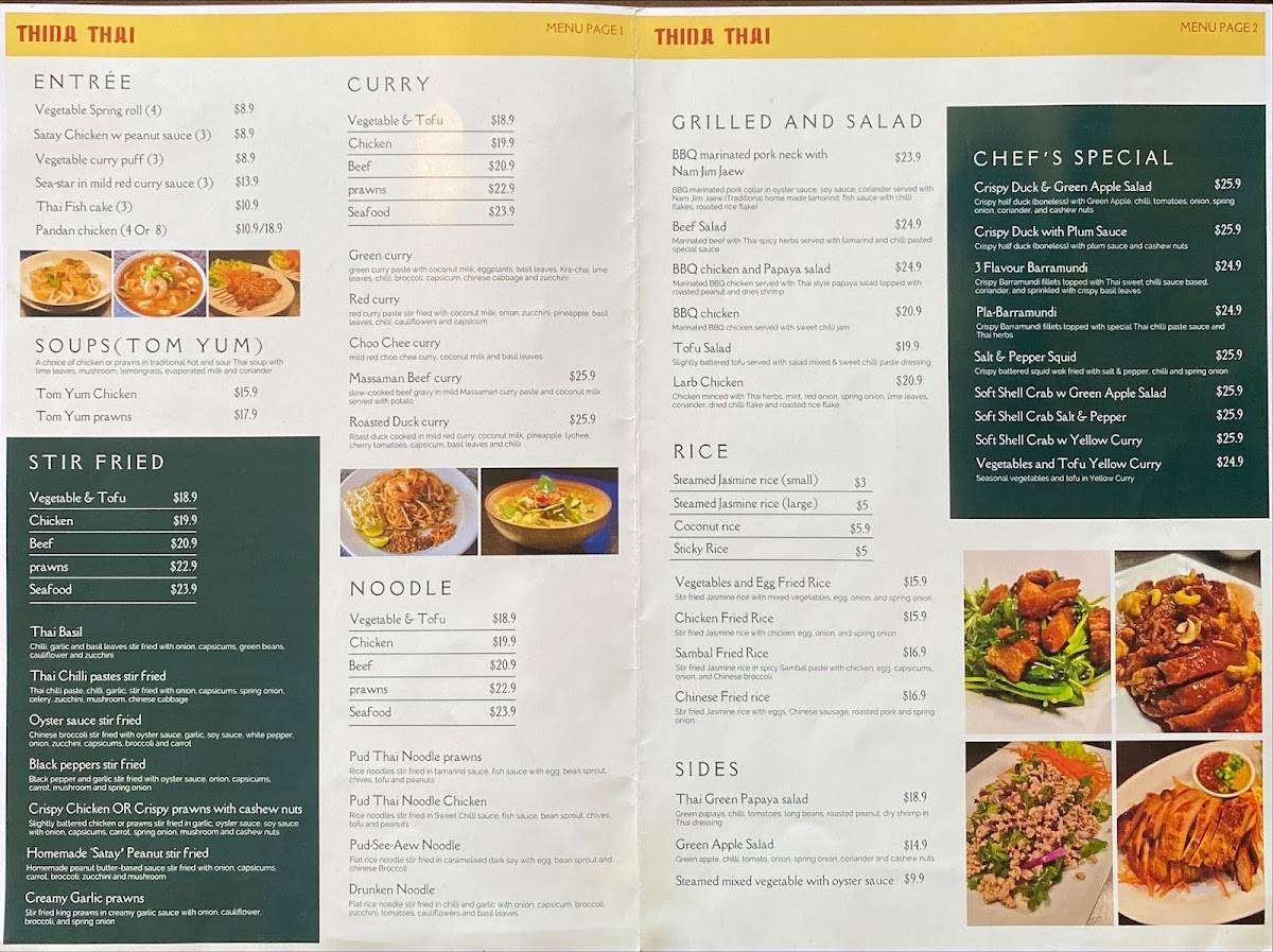 Menu at Thida Thai restaurant, Blackwood