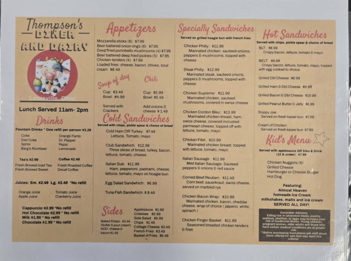 Menu at Thompson's Diner and Dairy restaurant, Louisville