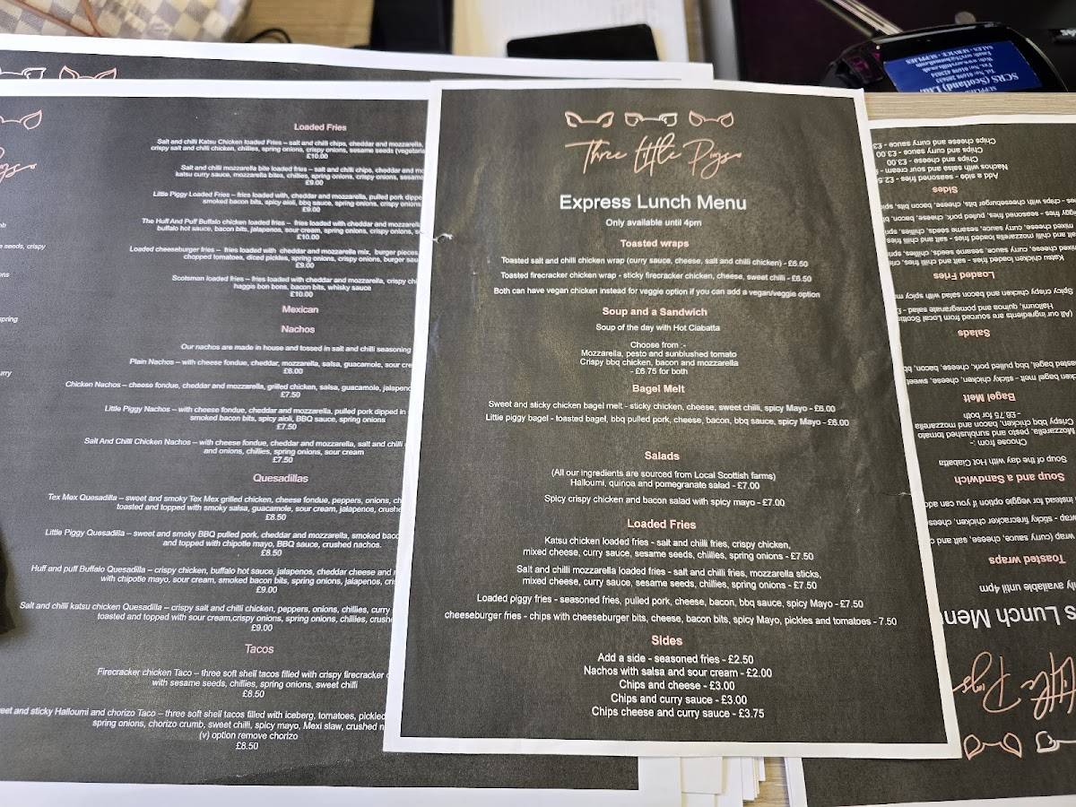 Menu at Three Little Pigs restaurant, Falkirk