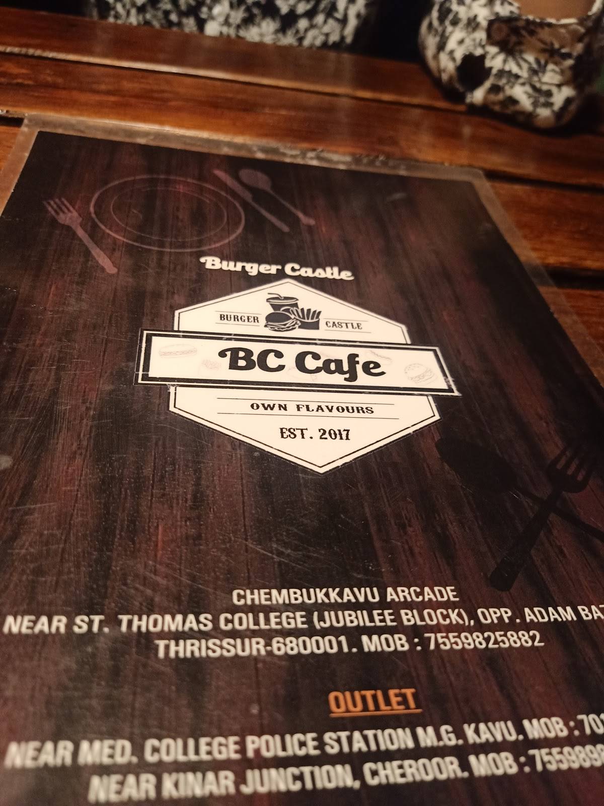 Menu at Burger Castle BC Cafe, Thrissur, G6FC+5GQ