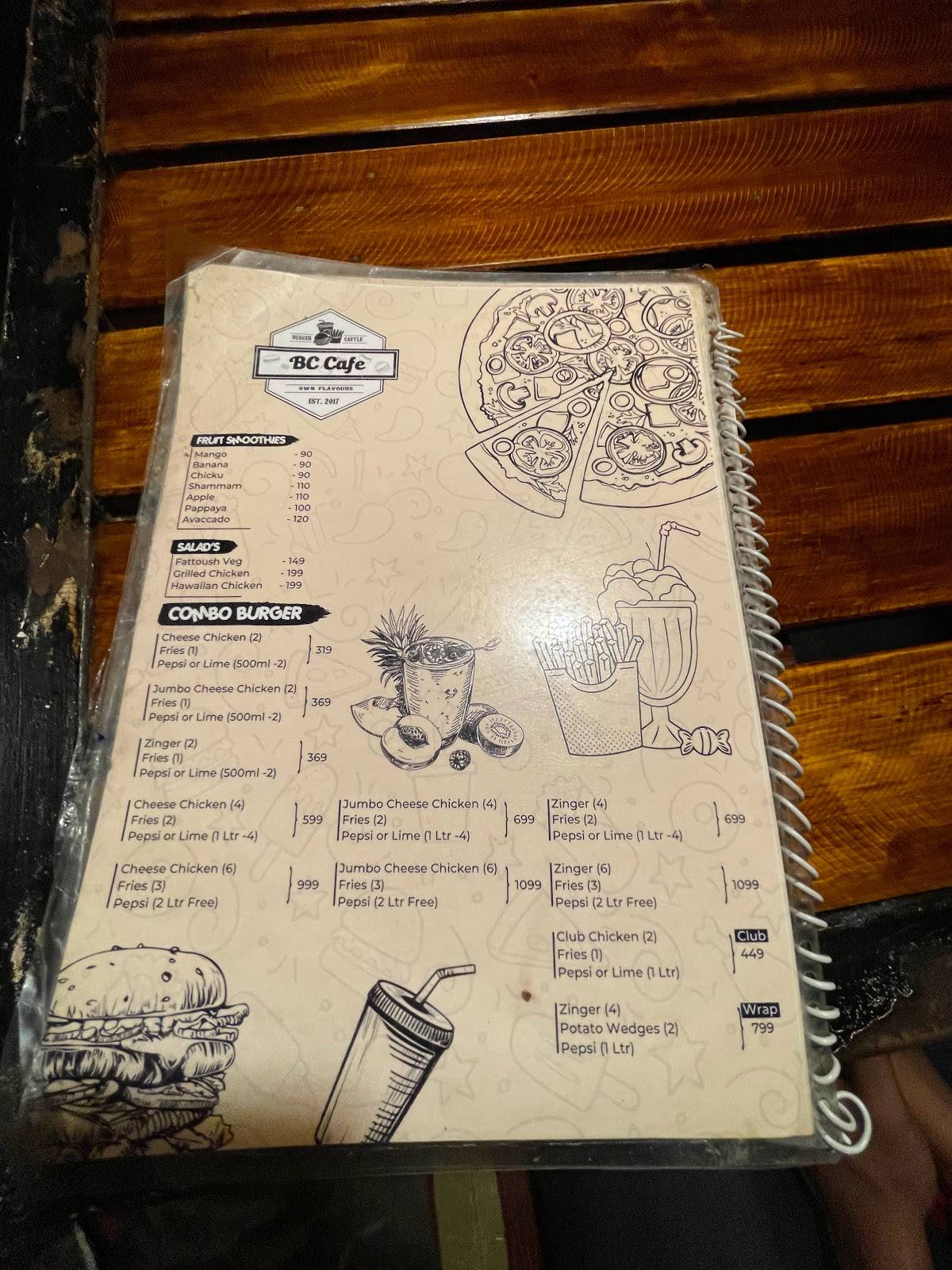 Menu at Burger Castle BC Cafe, Thrissur, G6FC+5GQ