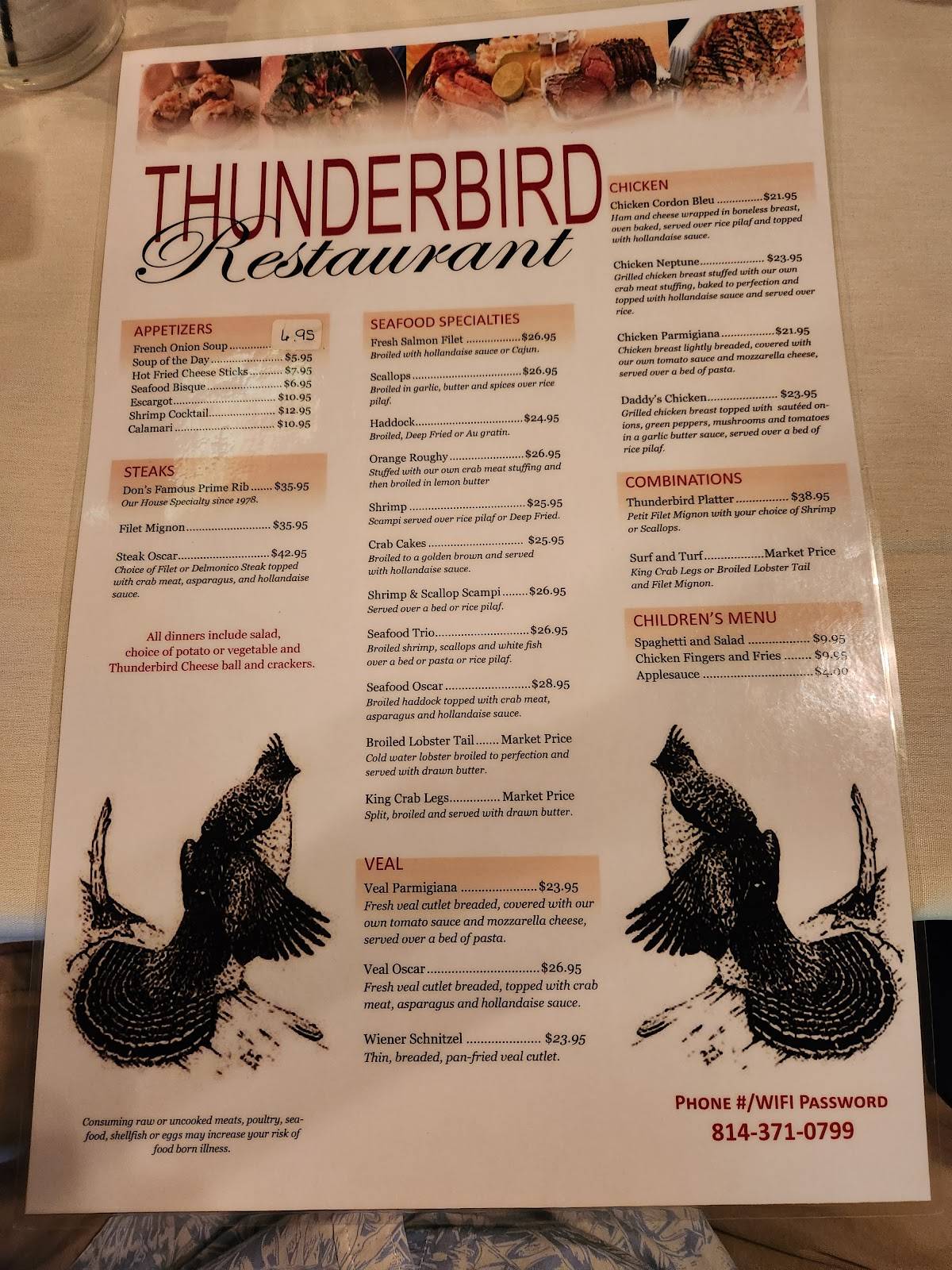 Menu at Thunderbird Restaurant & Lounge, DuBois, 1 Thunderbird Rd