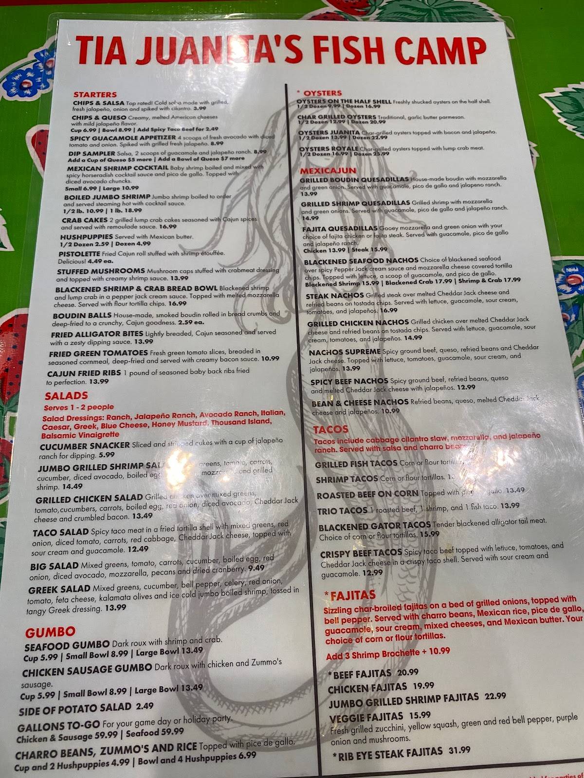 Menu at Tia Juanita’s Fish Camp restaurant, Orange