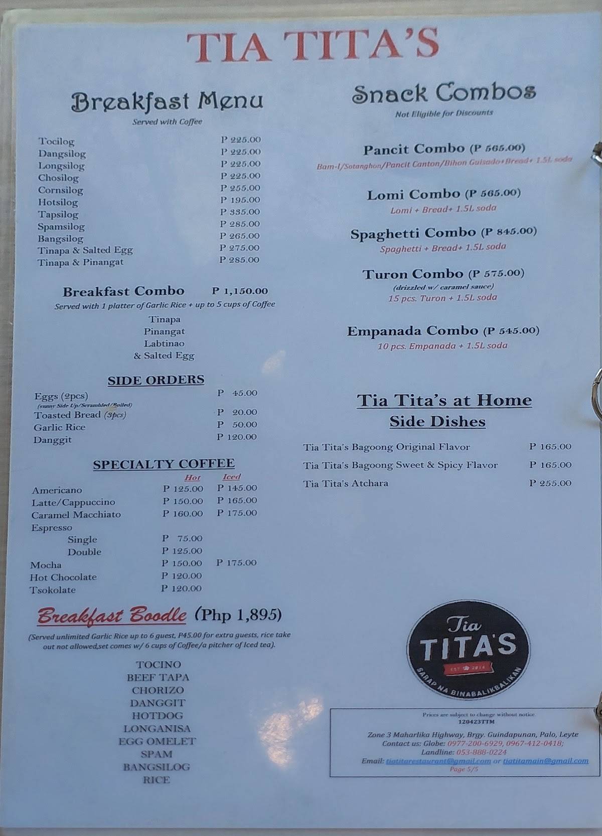 Menu at Tia Tita's Bulalo restaurant, Palo, Palo Road