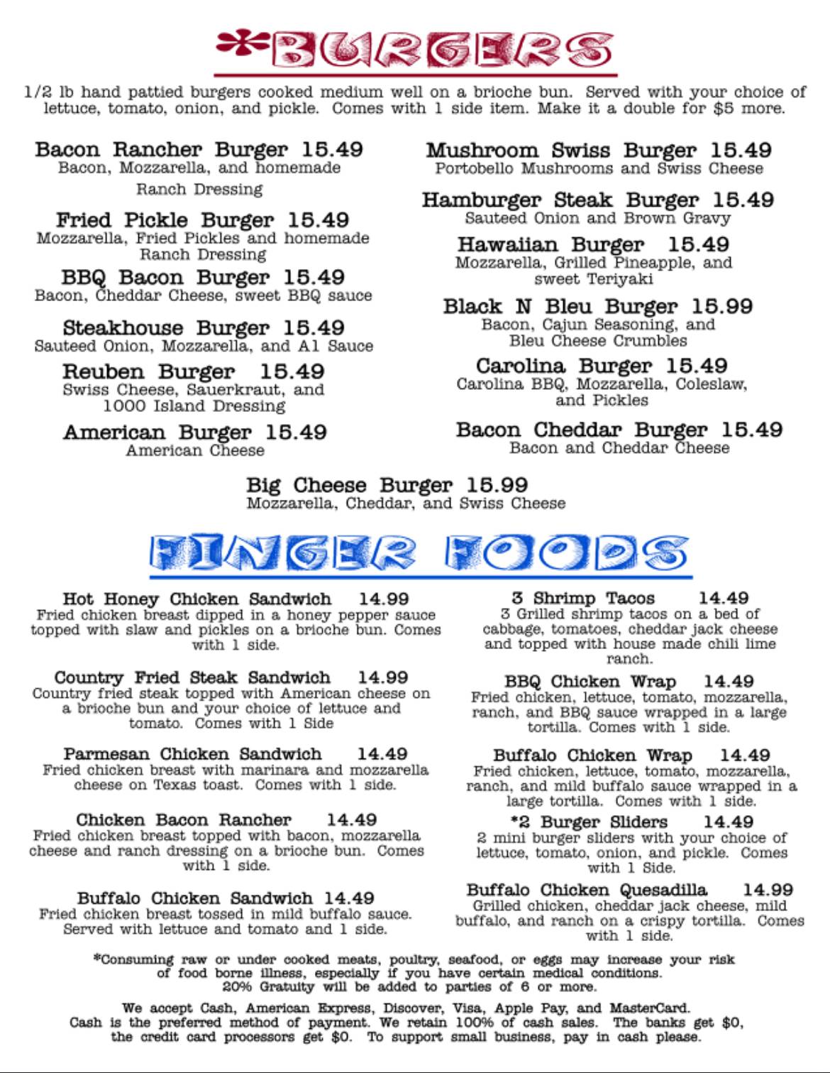 Menu at Tidbits Grill restaurant, Pine Mountain