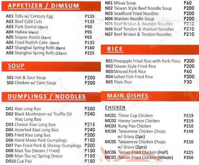Menu at Tien Ma's Taiwanese Cuisine restaurant, Manila