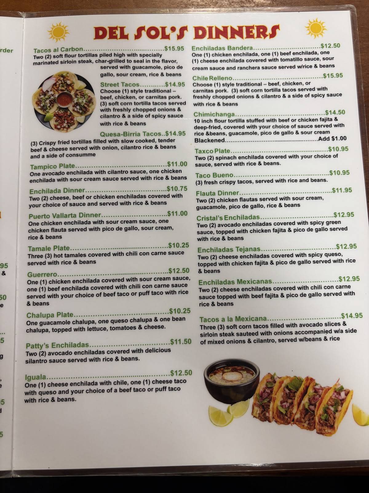 Menu at Tierra DEL SOL restaurant, Sulphur Springs