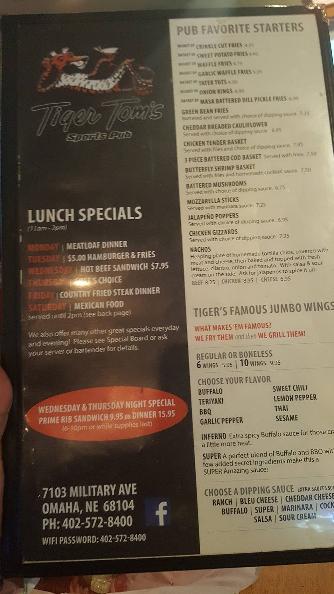Menu at Tiger Tom's Pub, Omaha