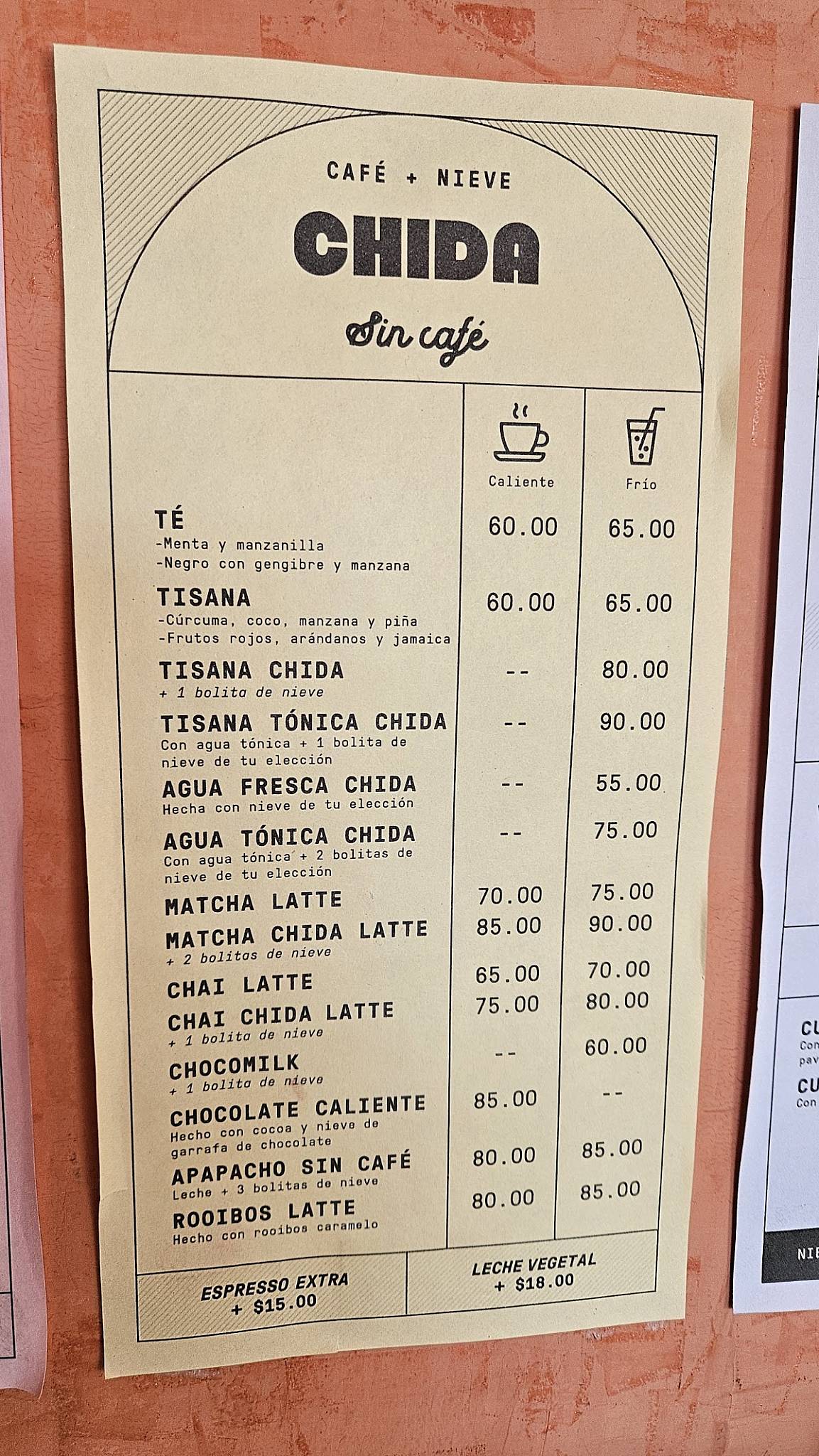 Carta de coffee house CHIDA, Tijuana
