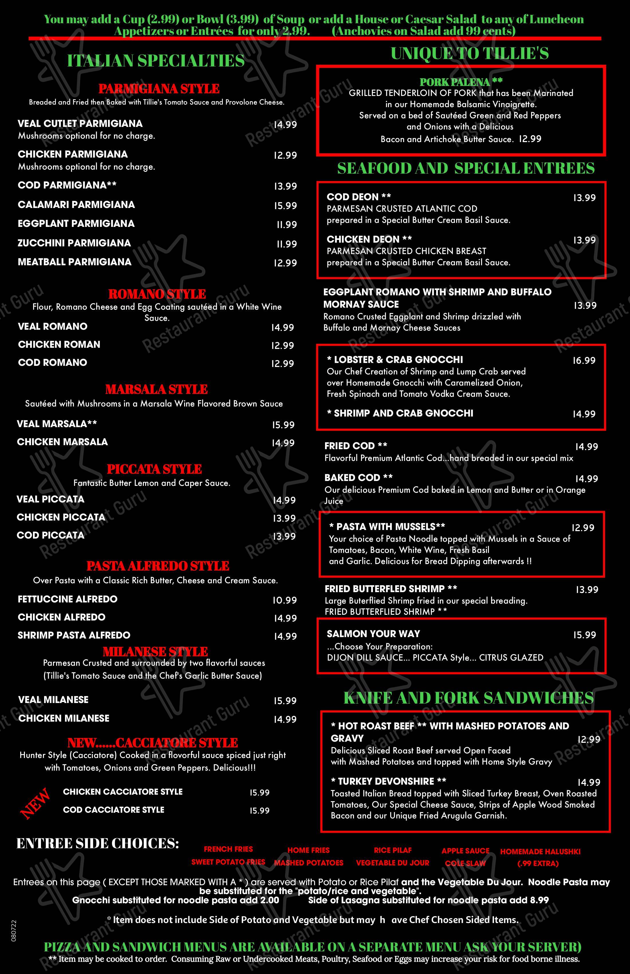 Menu at Tillie's Restaurant, McKeesport