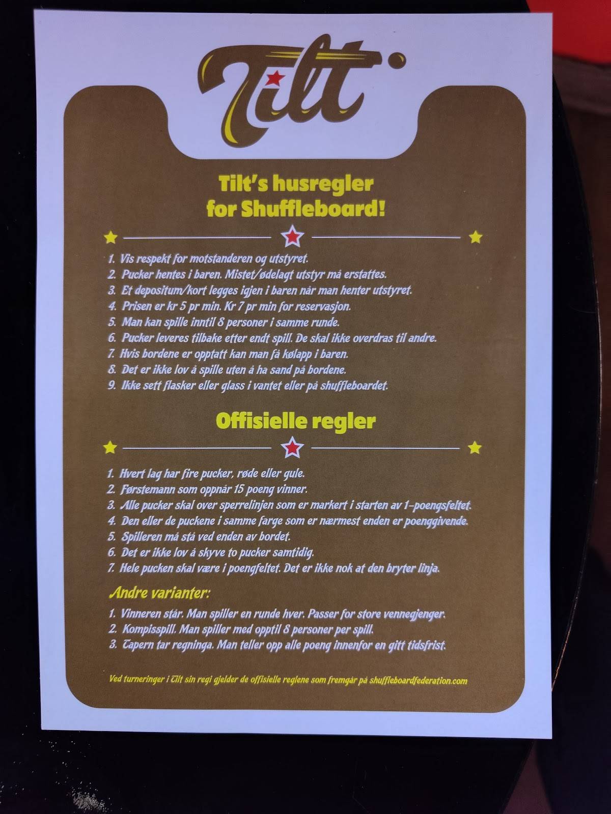Menu at Tilt pub & bar, Oslo