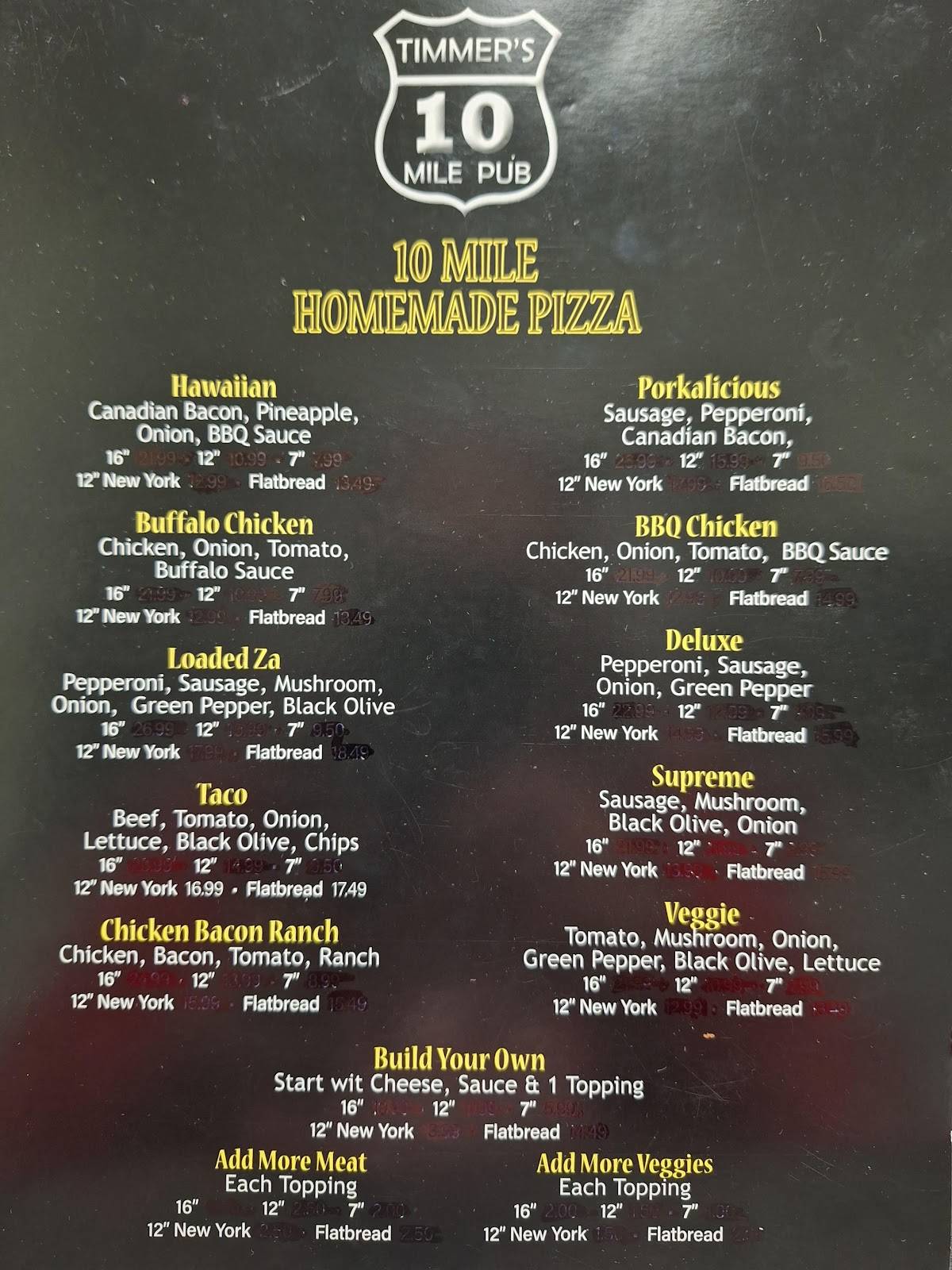Menu at Timmer's 10 Mile Pub, La Crosse