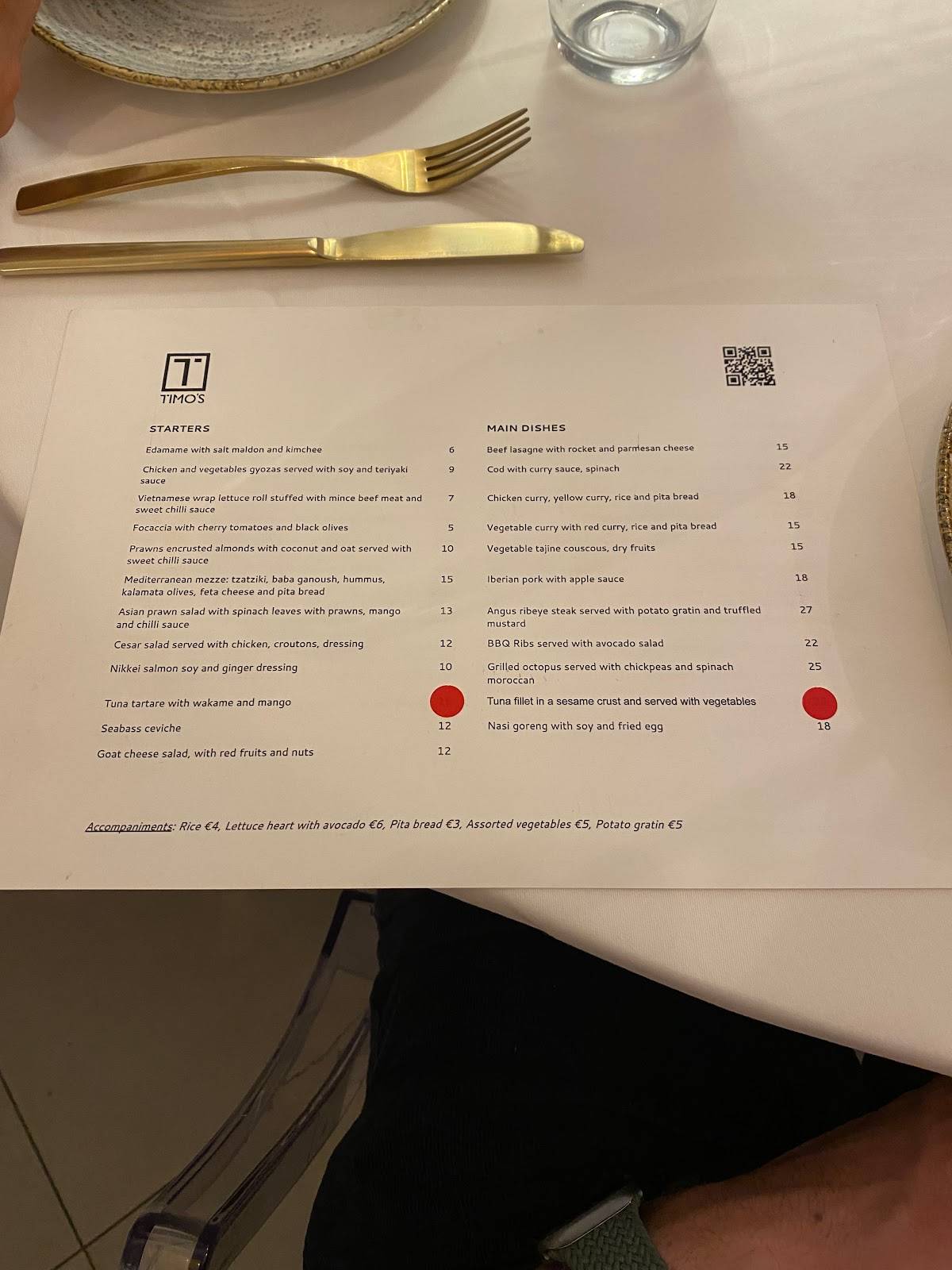 Menu at Timo’s Bistro (Sitges) restaurant, Sitges