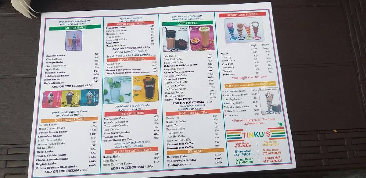 Menu at Tinku's Scheme No. 140, Indore