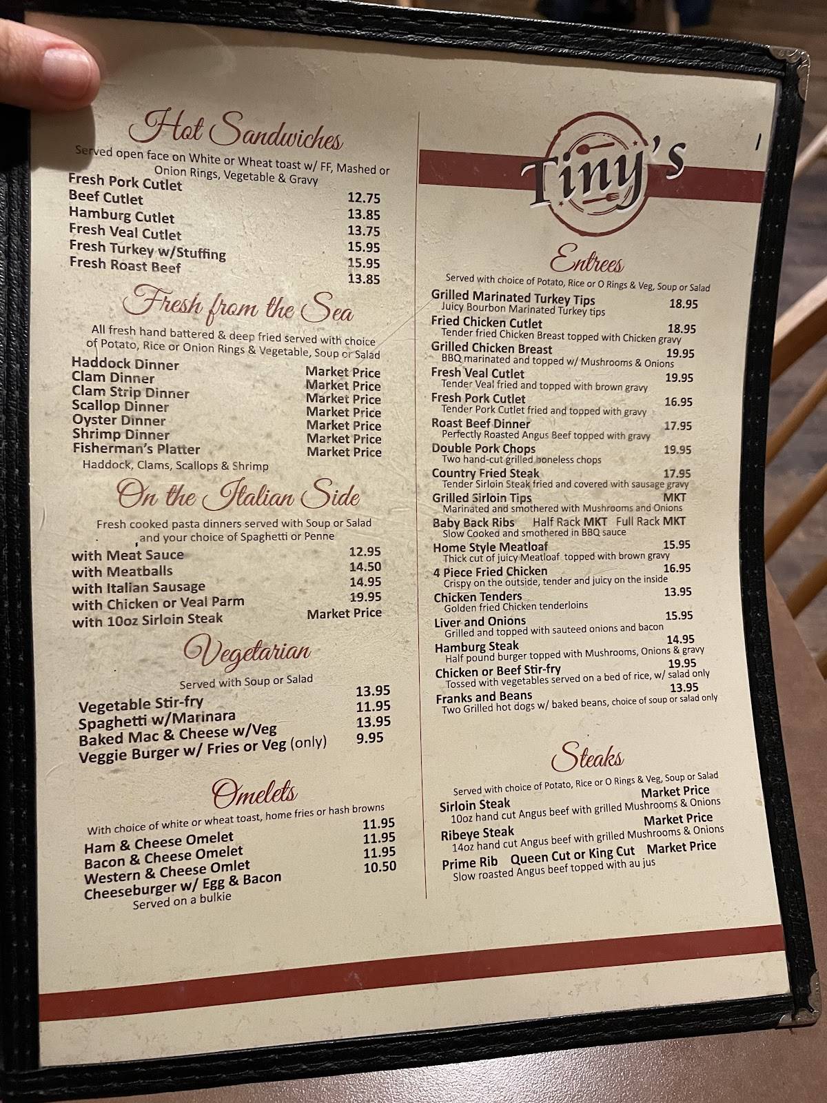 Menu at Tiny's restaurant, Ayer