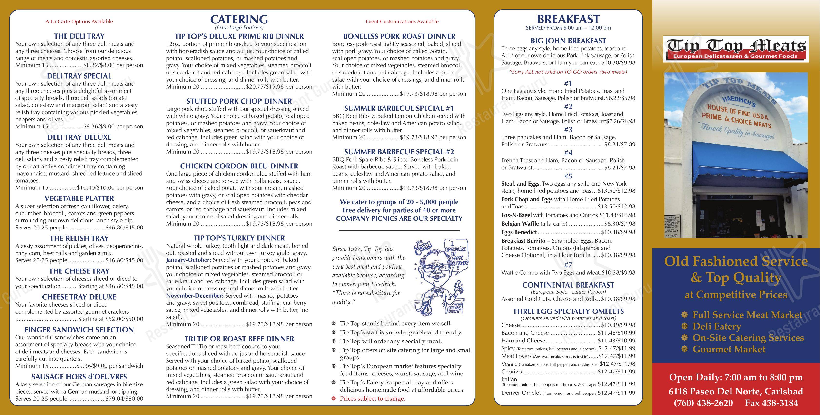 Menu at Tip Top Meats steakhouse, Carlsbad