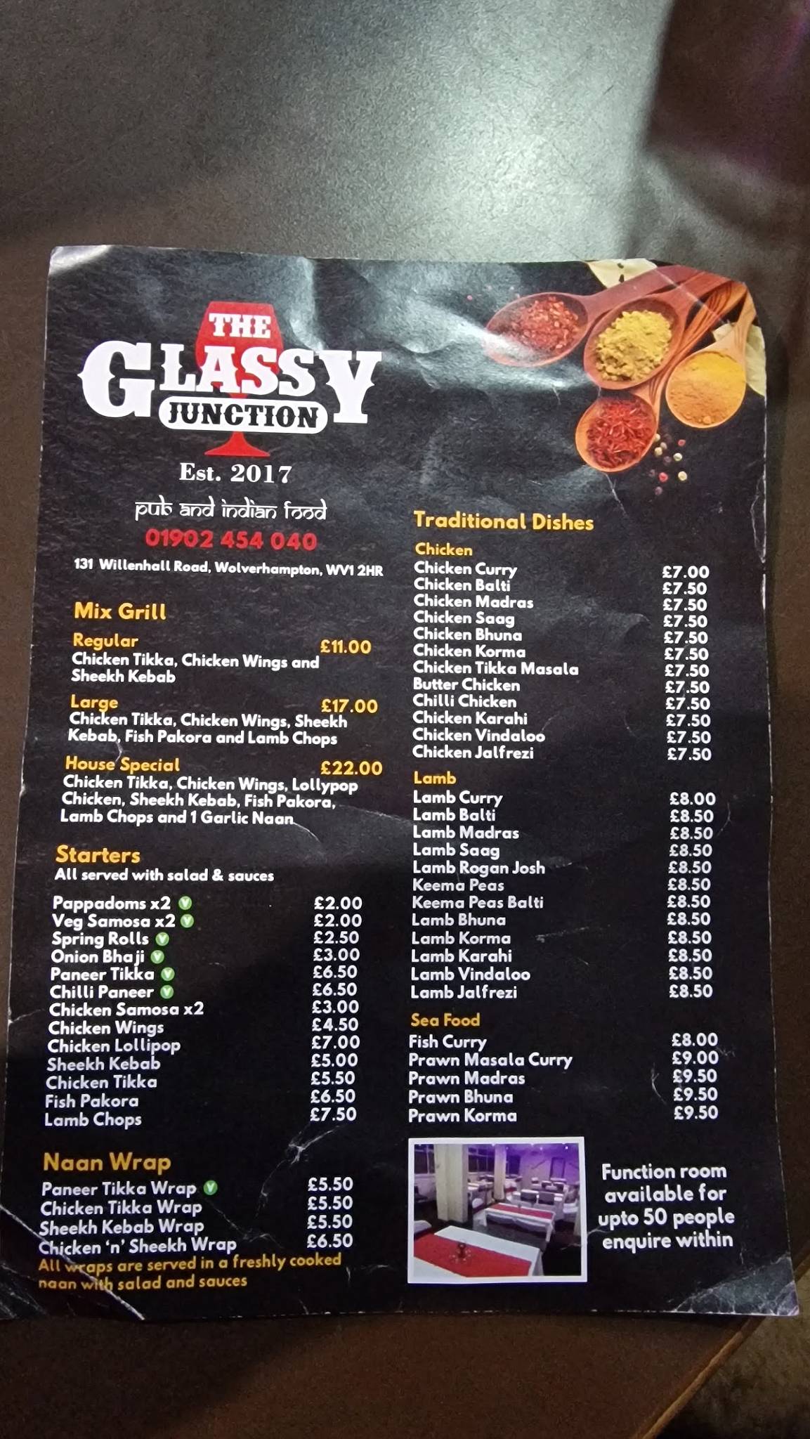 Menu at The Glassy Junction pub & bar, Wolverhampton, 131 Willenhall Rd