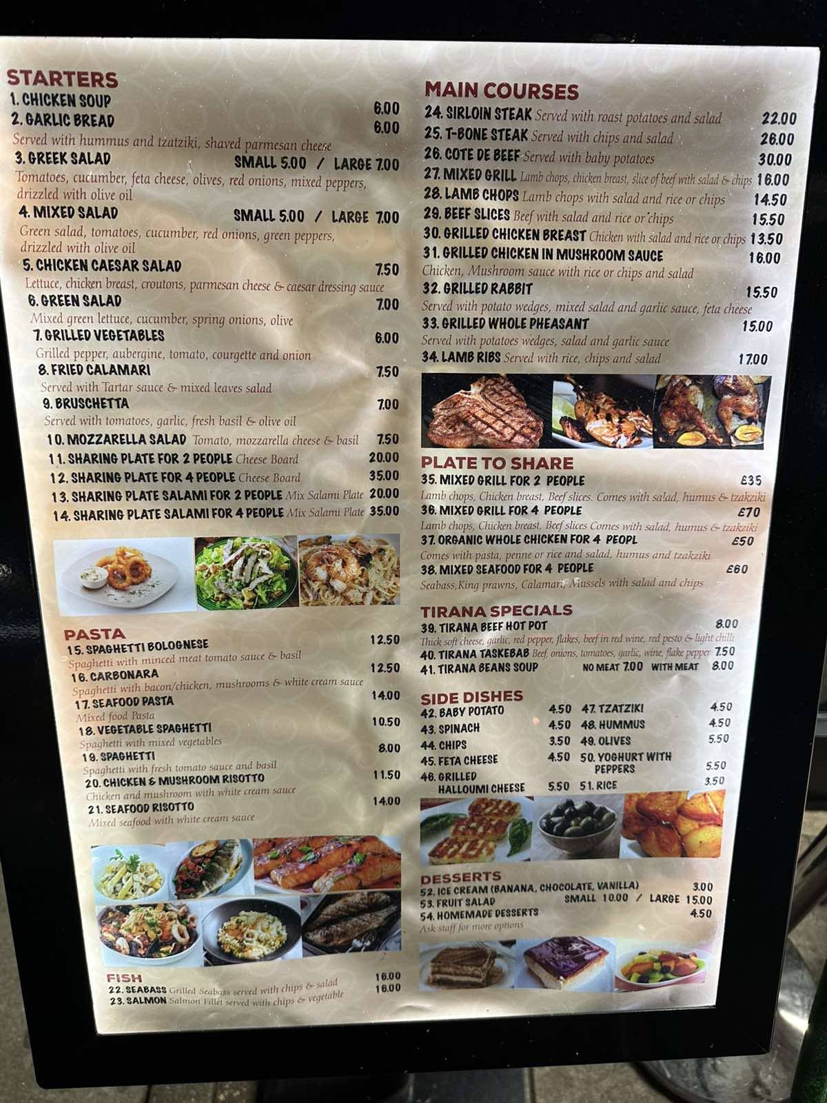Menu at Tirana Hendon restaurant, London