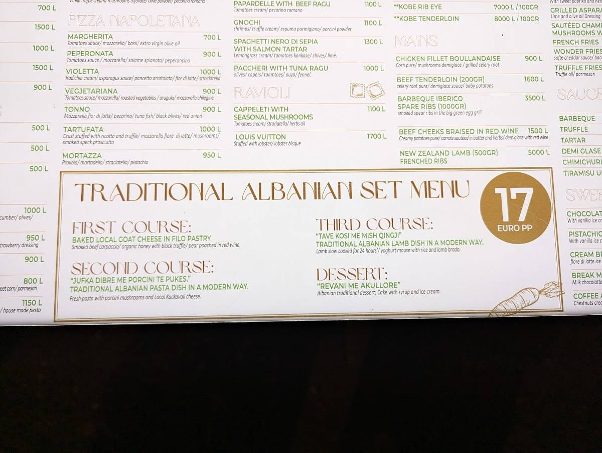 Menu at Ulliri City Center restaurant, Tirana