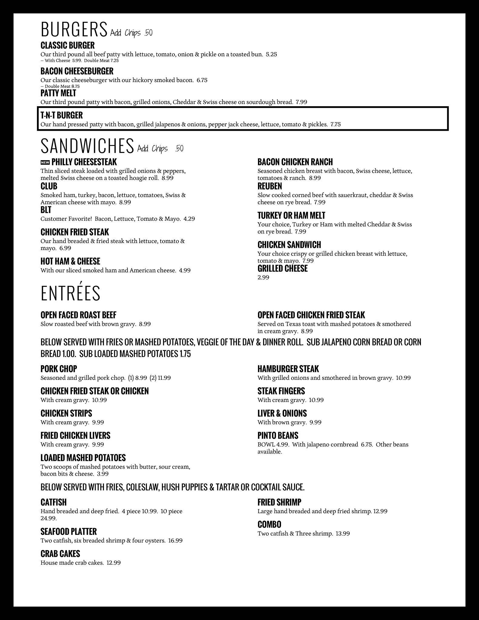 Menu at Tnt Cafe, Bonham