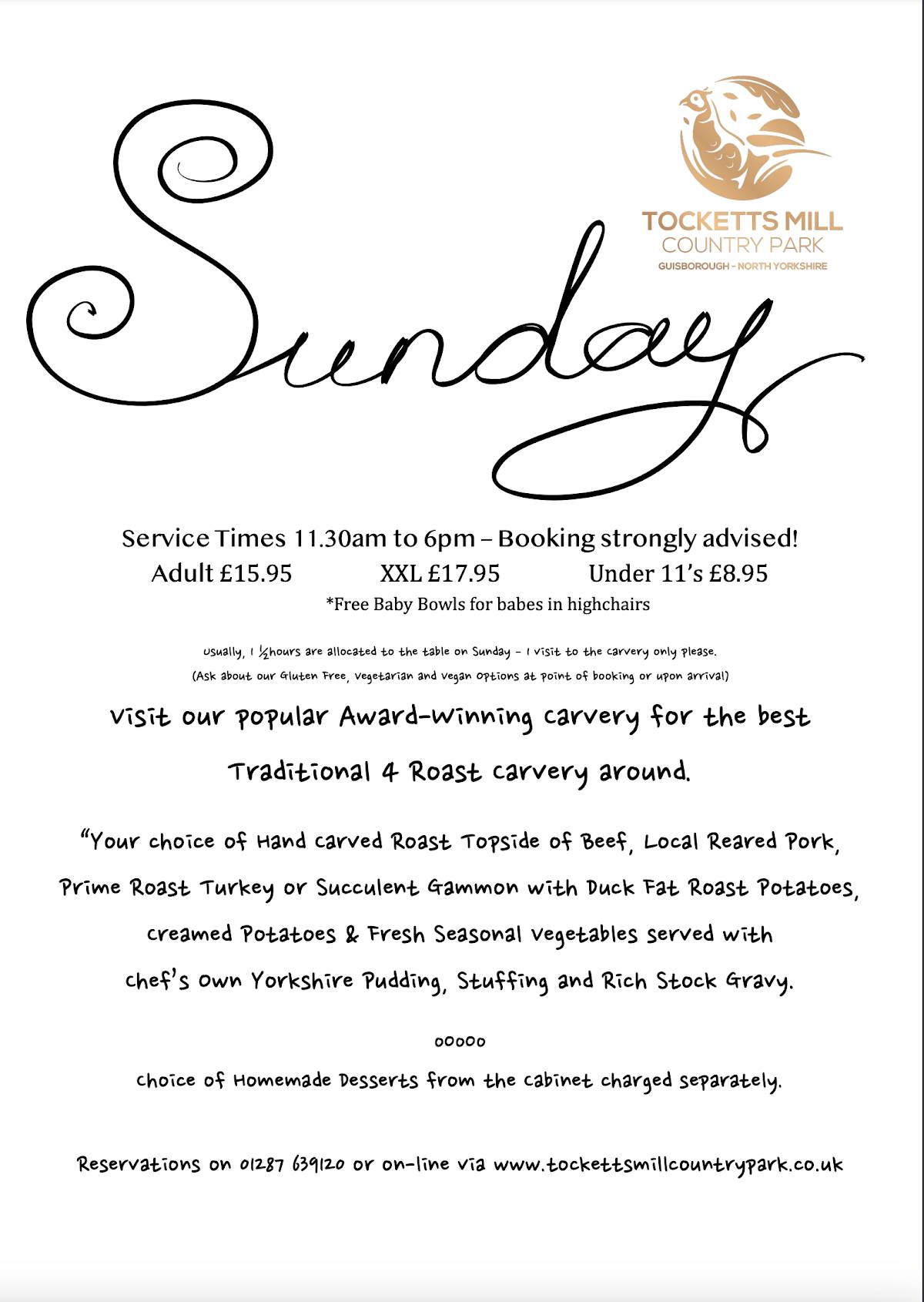 Menu at Tocketts Mill Country Park and Restaurant, Guisborough
