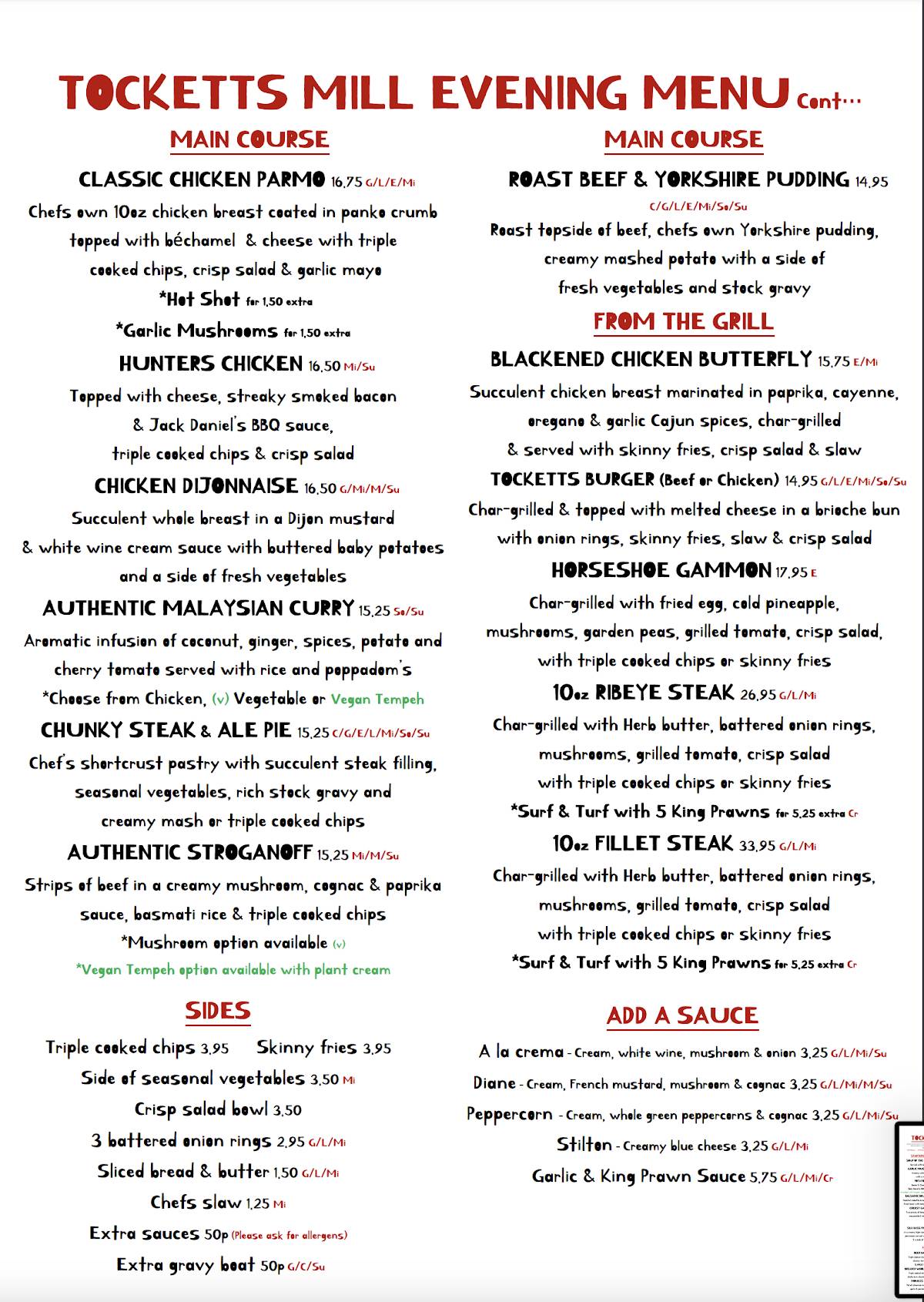 Menu at Tocketts Mill Country Park and Restaurant, Guisborough