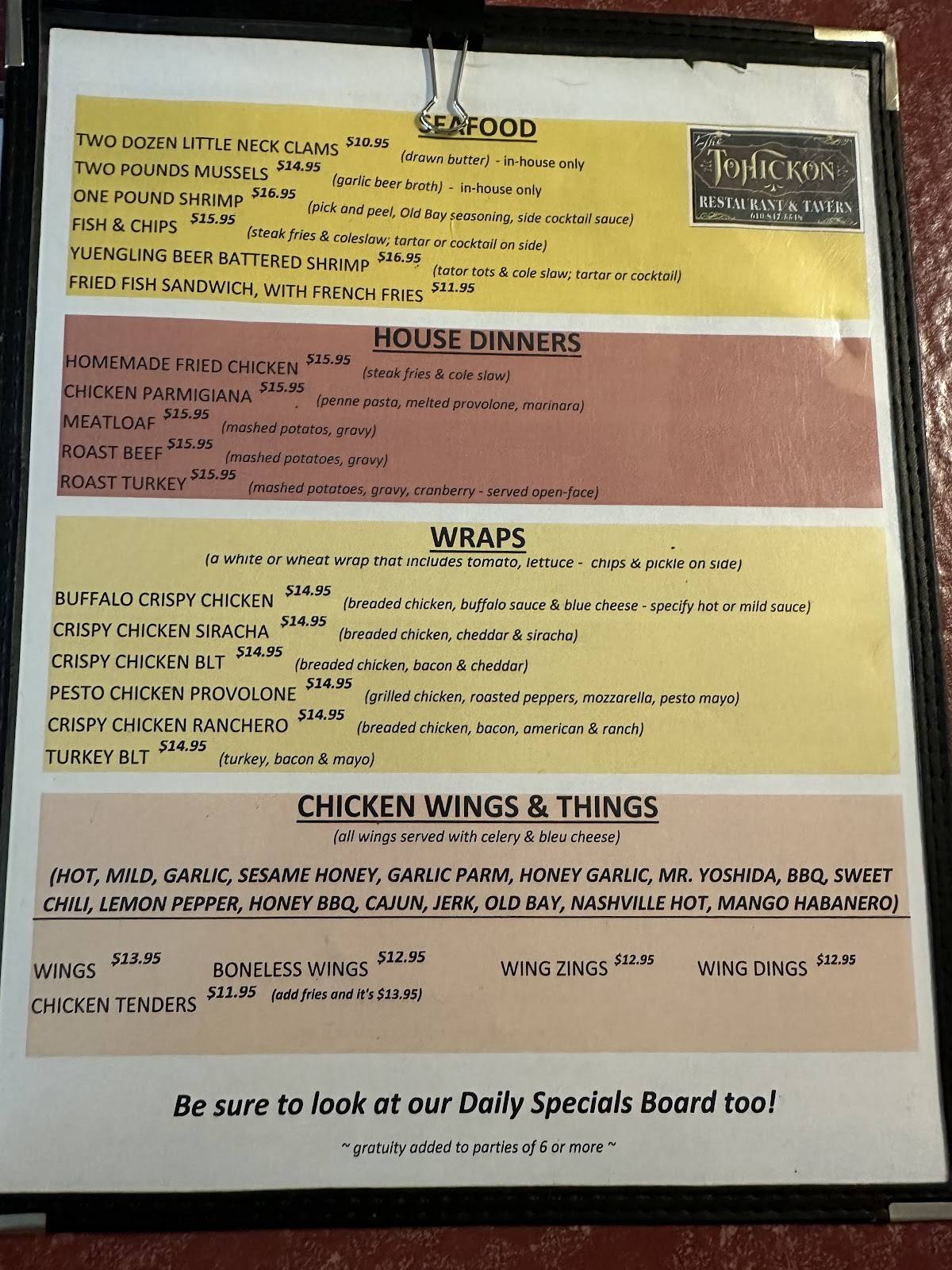 Menu at Tohickon Restaurant And Tavern, Ottsville, Easton Rd