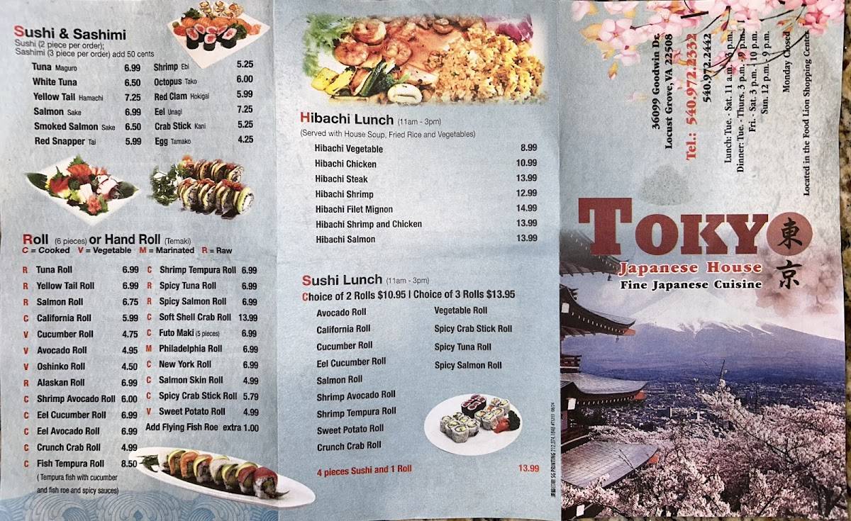 Menu at Tokyo restaurant, Locust Grove