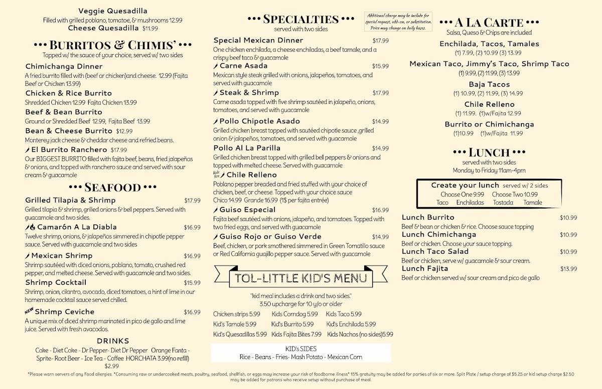 Menu at Toledo's Méxican Grill restaurant, Mustang, N Mustang Rd