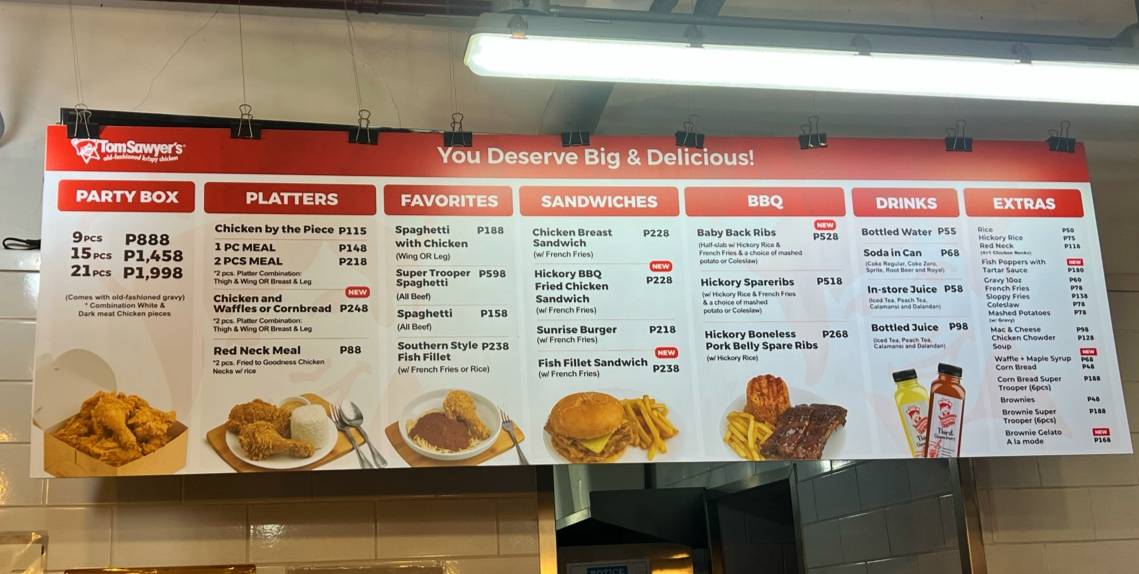 Menu at Tom Sawyer's Old-fashioned Krispy Chicken restaurant, Quezon City